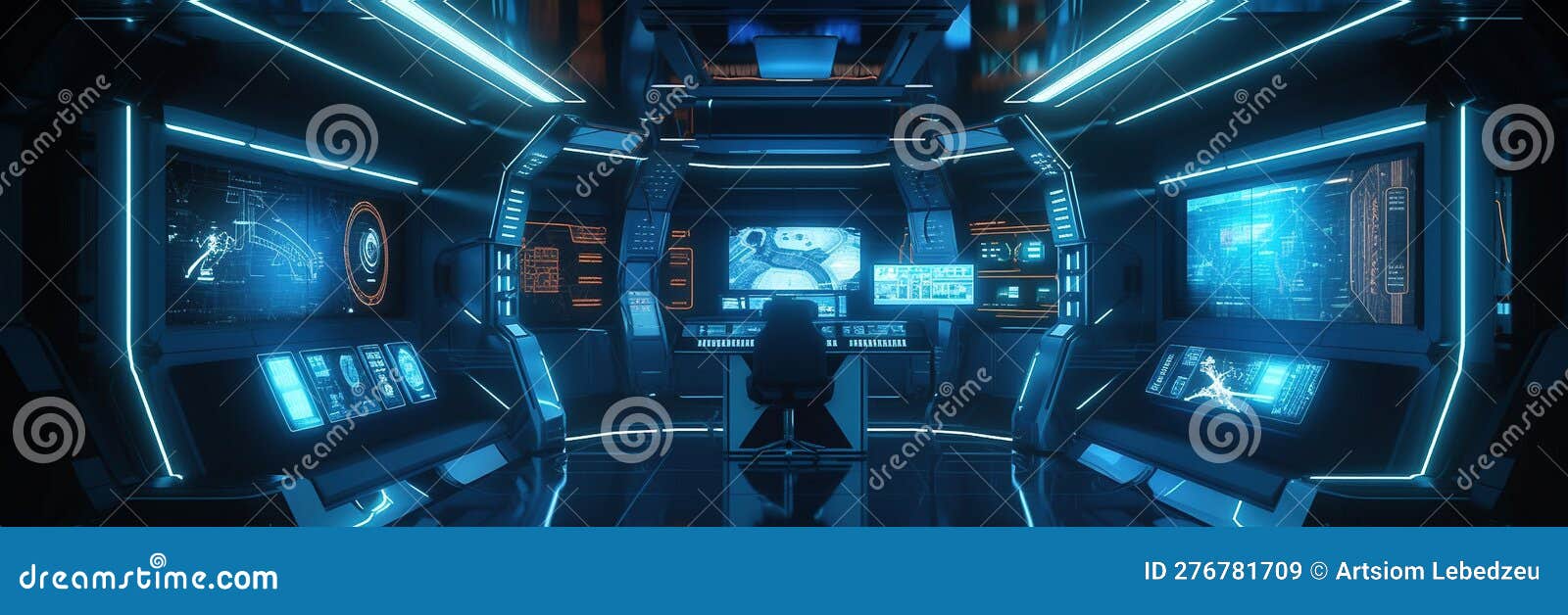Command Center Interior Banner. 3d Room with Neon Light. Sci-fi Concept ...