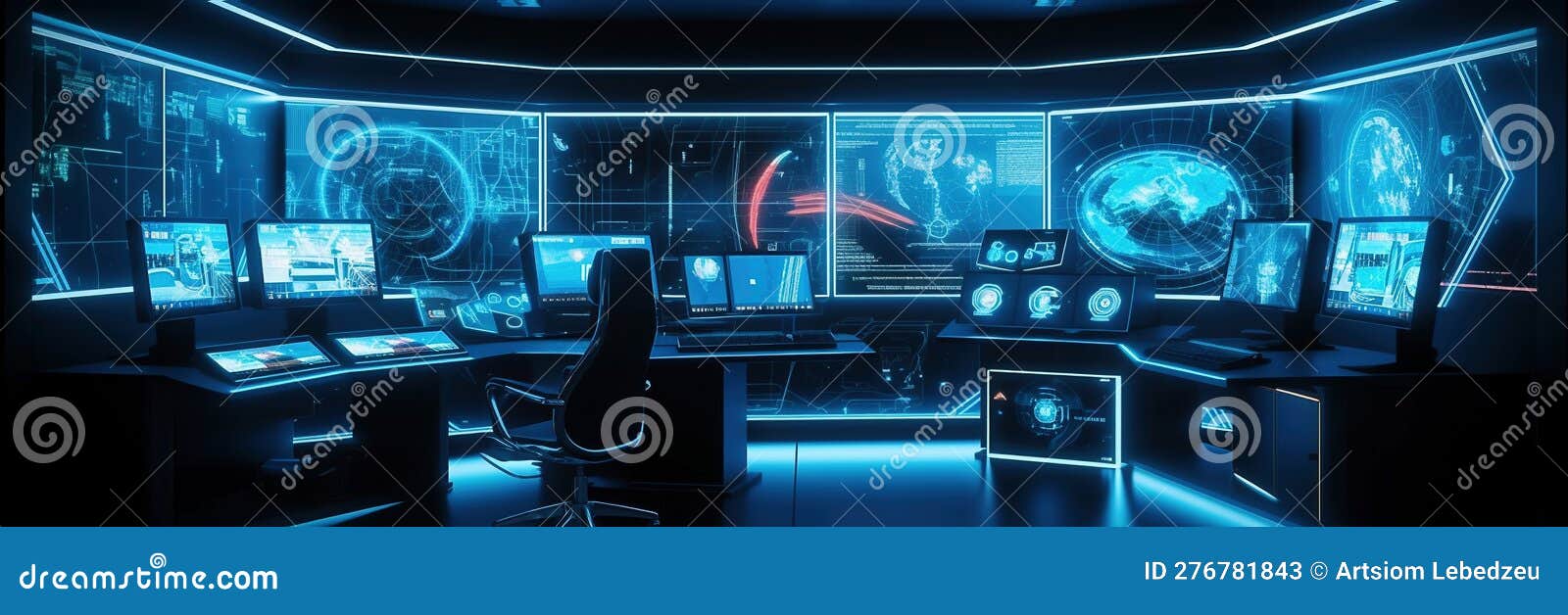 Command Center Interior Banner. 3d Room with Neon Light. Sci-fi Concept ...