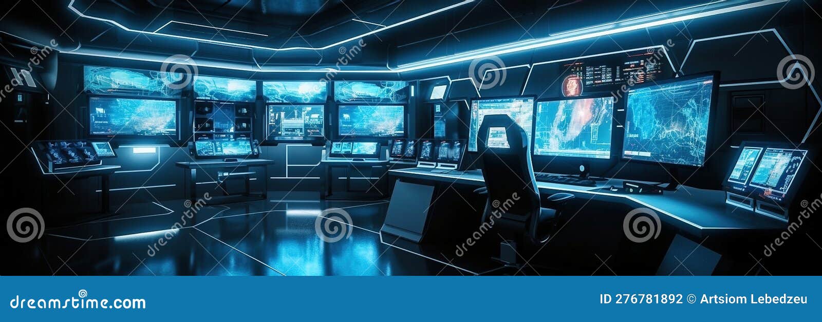 Command Center Interior Banner. 3d Room with Neon Light. Sci-fi Concept ...