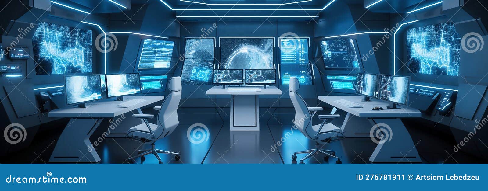 Command Center Interior Banner. 3d Room with Neon Light. Sci-fi Concept ...
