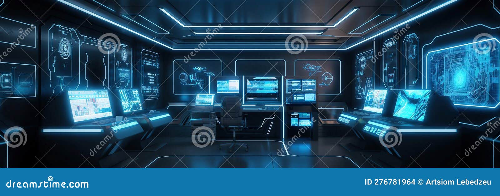 Command Center Interior Banner. 3d Room with Neon Light. Sci-fi Concept ...