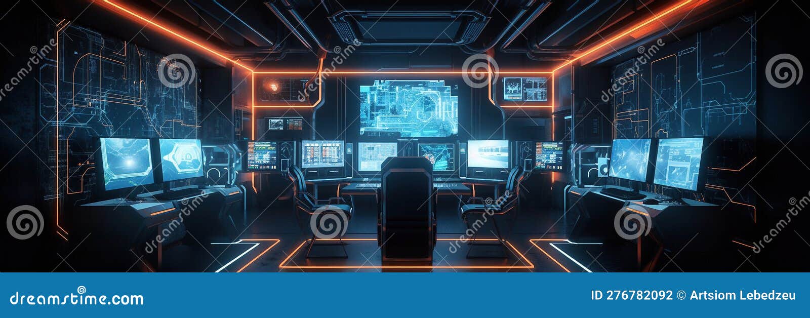 Command Center Interior Banner. 3d Room with Neon Light. Sci-fi Concept ...