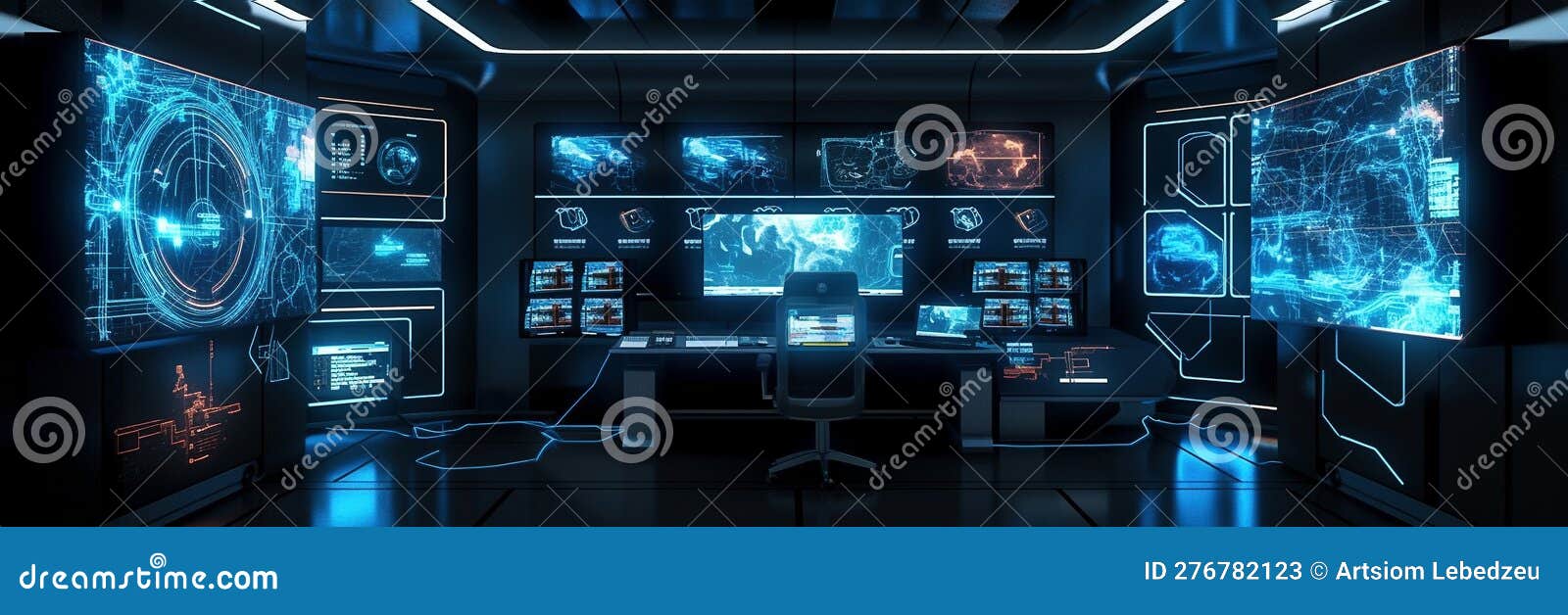 Command Center Interior Banner. 3d Room with Neon Light. Sci-fi Concept ...