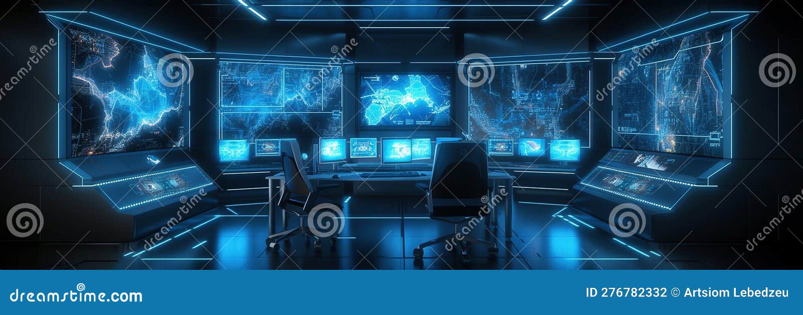 Command Center Interior Banner. 3d Room with Neon Light. Sci-fi Concept ...