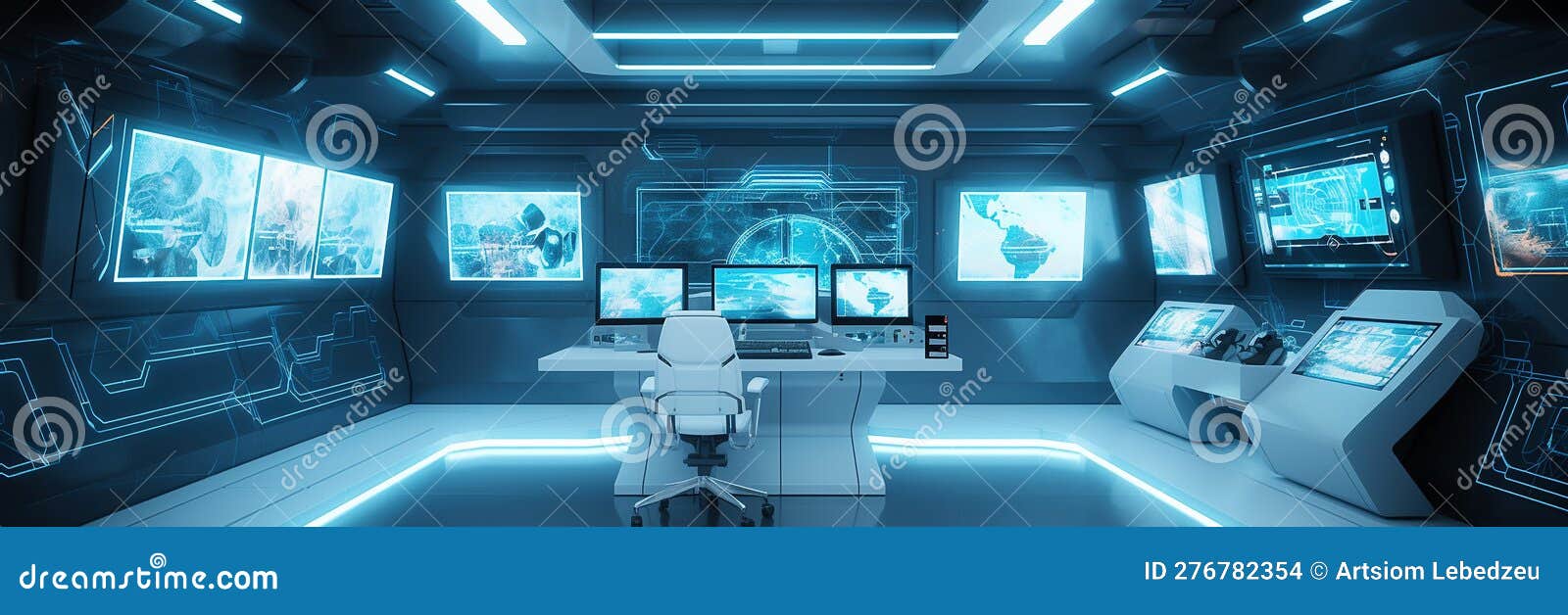 Command Center Interior Banner. 3d Room with Neon Light. Sci-fi Concept ...