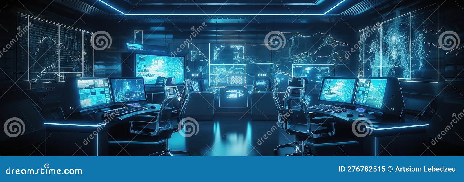 Command Center Interior Banner. 3d Room with Neon Light. Sci-fi Concept ...