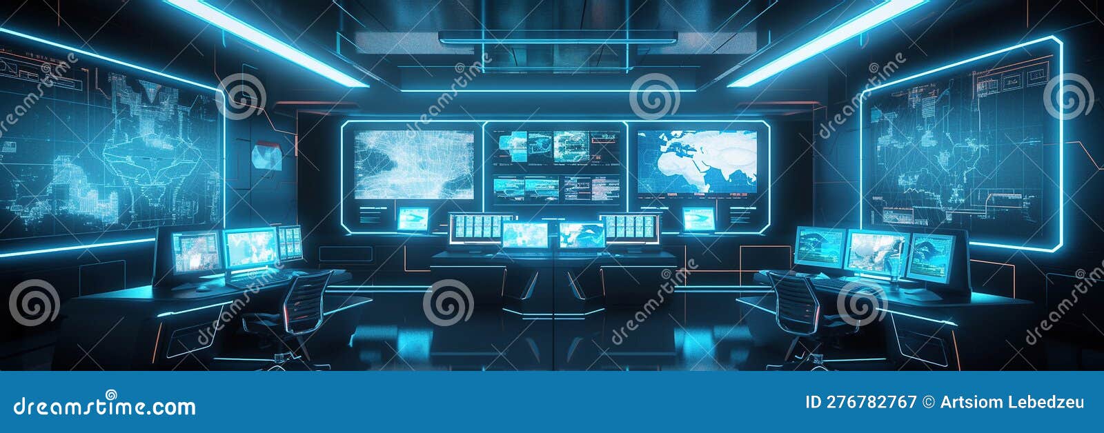 Command Center Interior Banner. 3d Room with Neon Light. Sci-fi Concept ...
