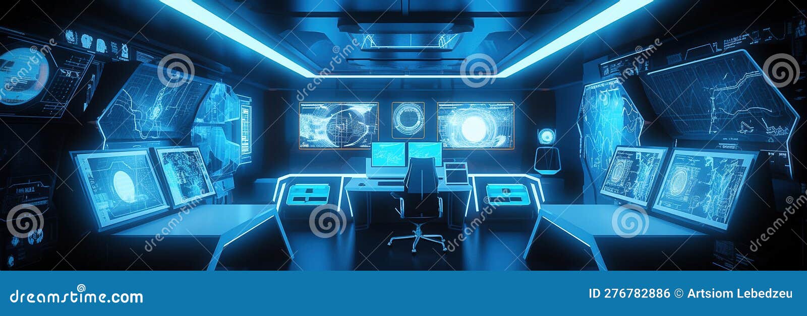 Command Center Interior Banner. 3d Room with Neon Light. Sci-fi Concept ...