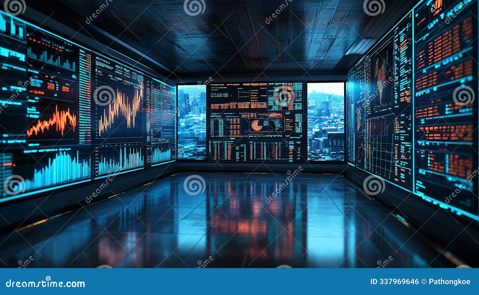 Command Center with Multiple High-resolution Screens Displaying Dynamic ...