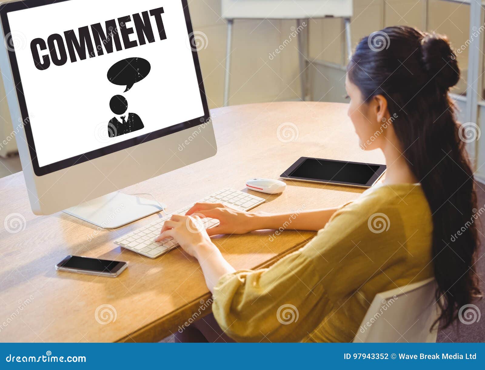 Comment Text and Chat Graphic on Computer Screen with Woman Typing ...