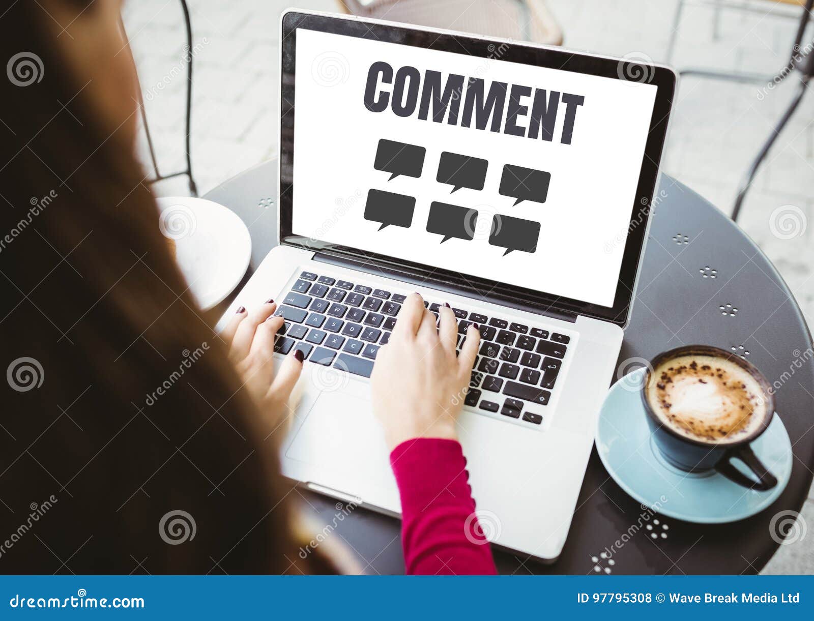Comment Text and Chat Graphic on Laptop Screen with Womans Hands Stock ...
