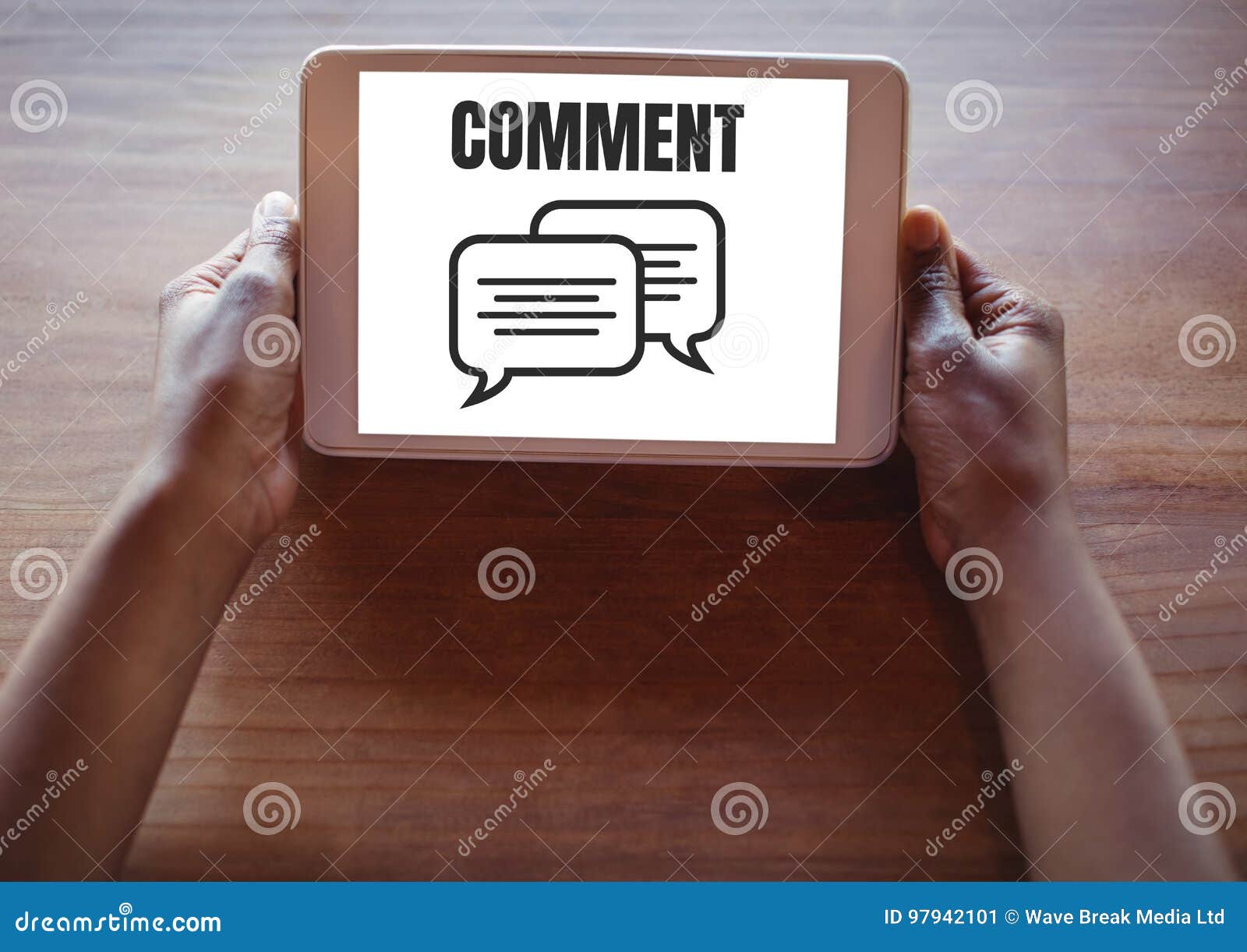 Comment Text and Chat Graphic on Tablet Screen with Hands Stock Image ...