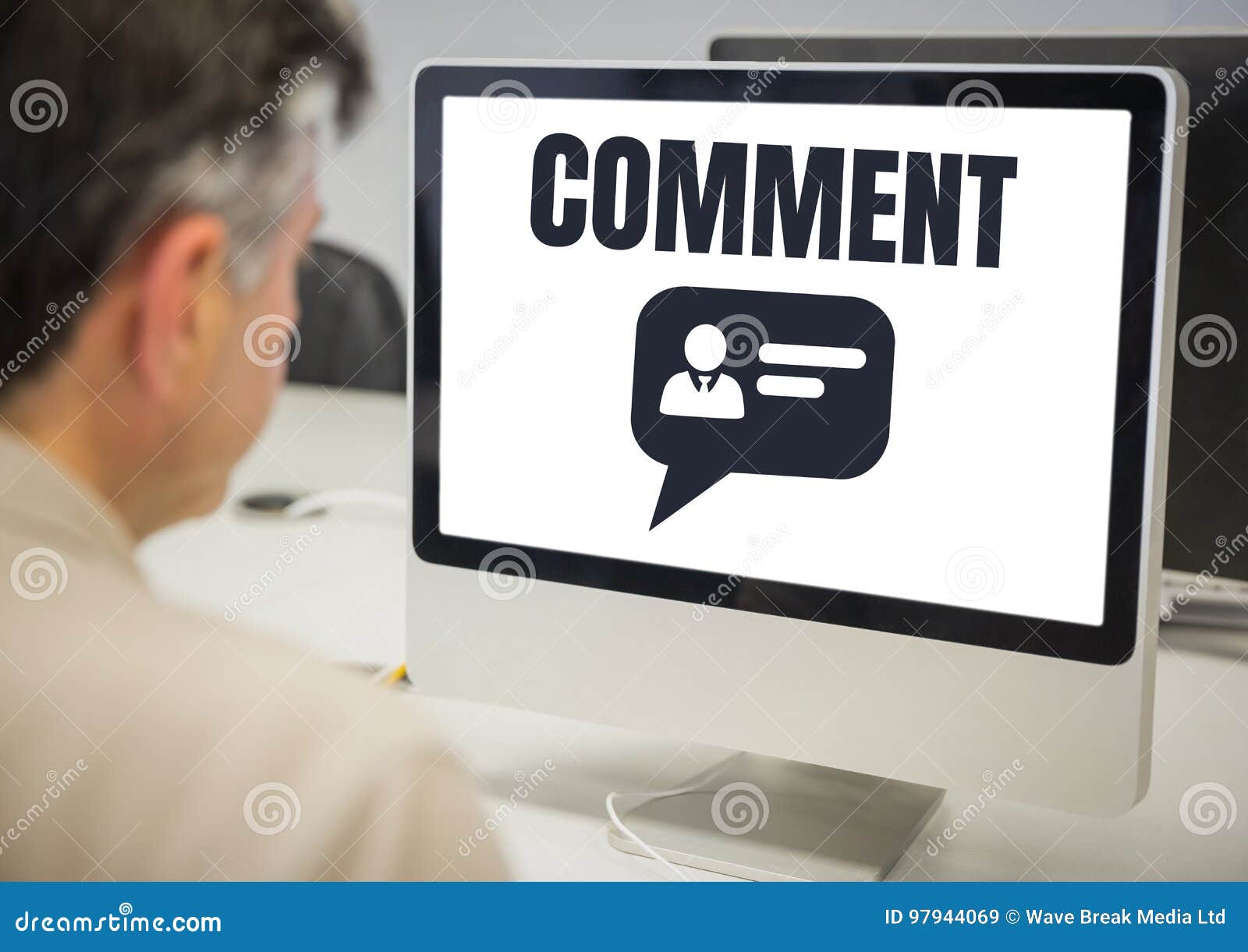 Comment Text and Chat Profile Graphic on Computer Screen with Man Stock ...