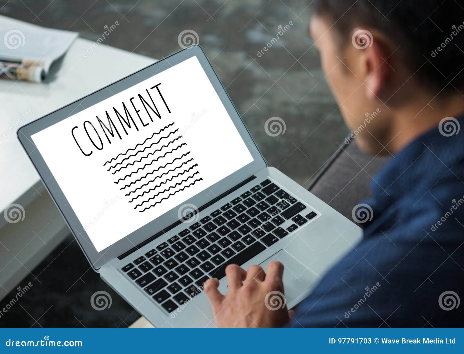 Comment Text and Graphic on Laptop Screen with Mans Hands Stock Image ...