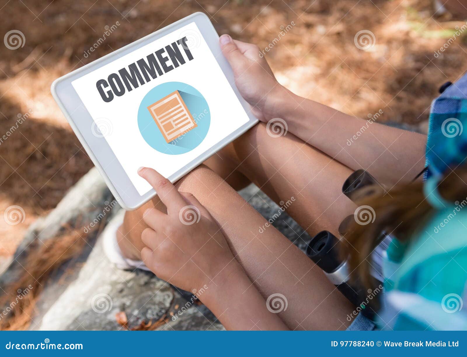 Comment Text and Graphic on Tablet Screen with Womans Hands Stock Photo ...