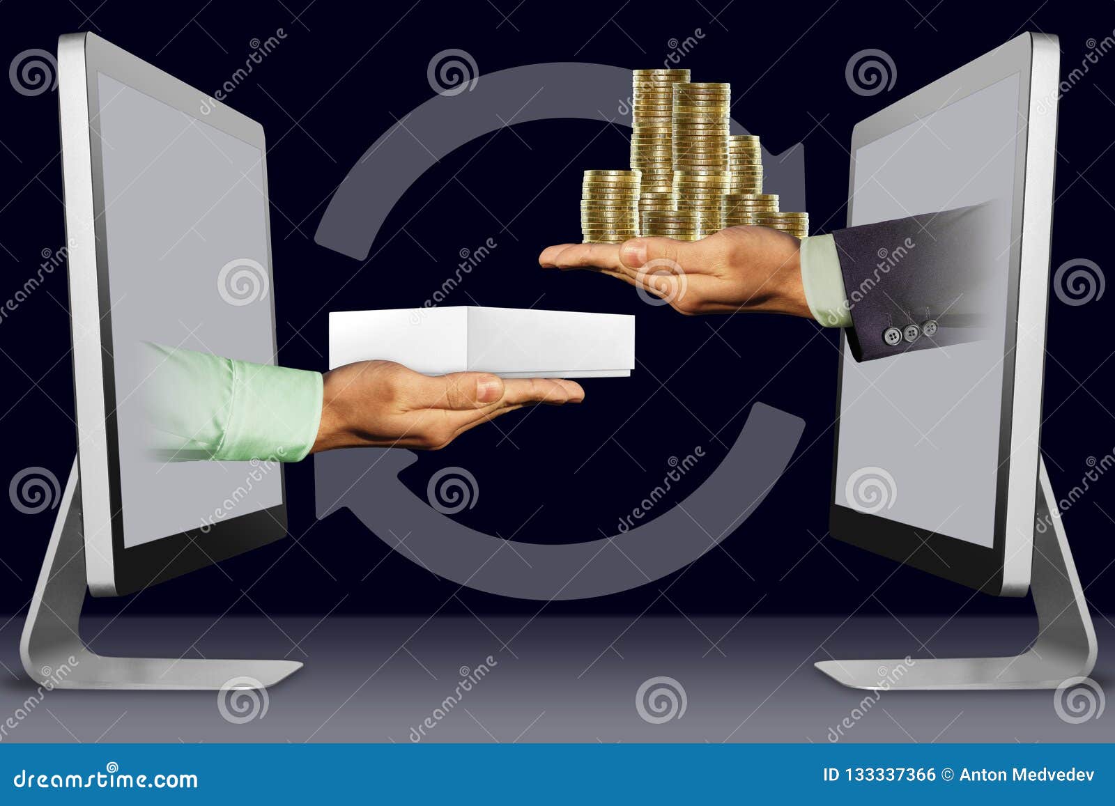 Commerce Concept, Two Hands from Computers. Hand with White Tablet ...