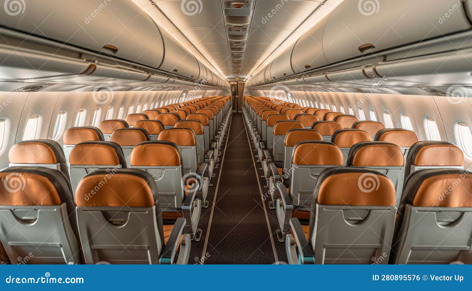 Commercial Aircraft Cabin with Rows of Seats Down. Generative AI. Stock ...
