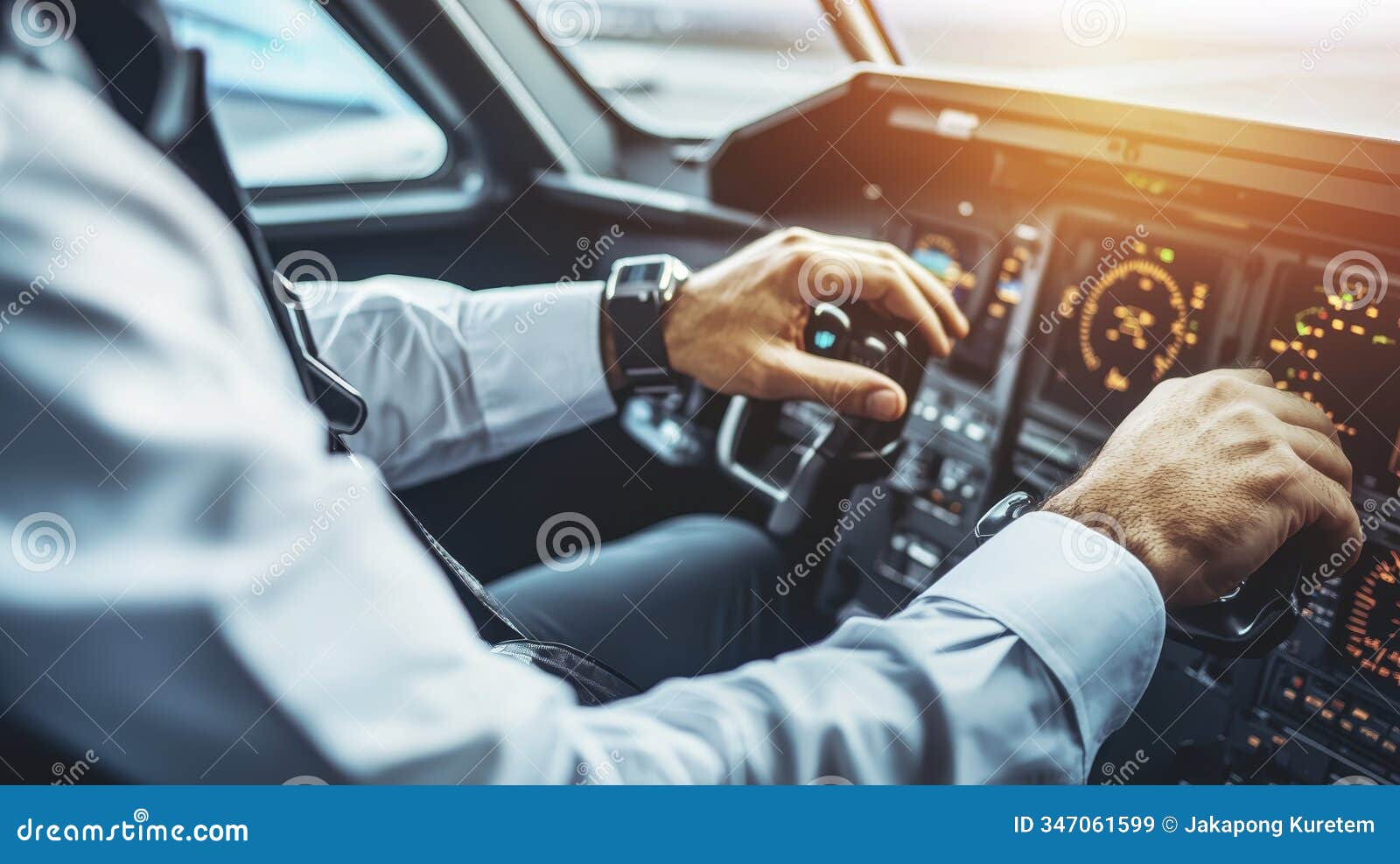 Airline Pilot Operating Cockpit Controls during Flight Stock Image ...