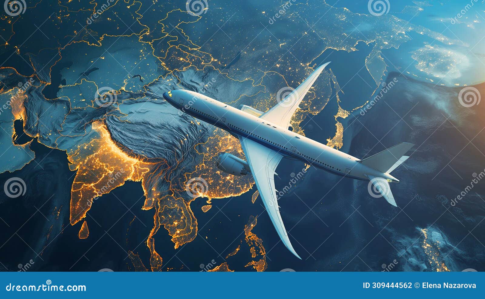 Commercial Airplane Flies Over an Illuminated Global Map at Night Stock ...