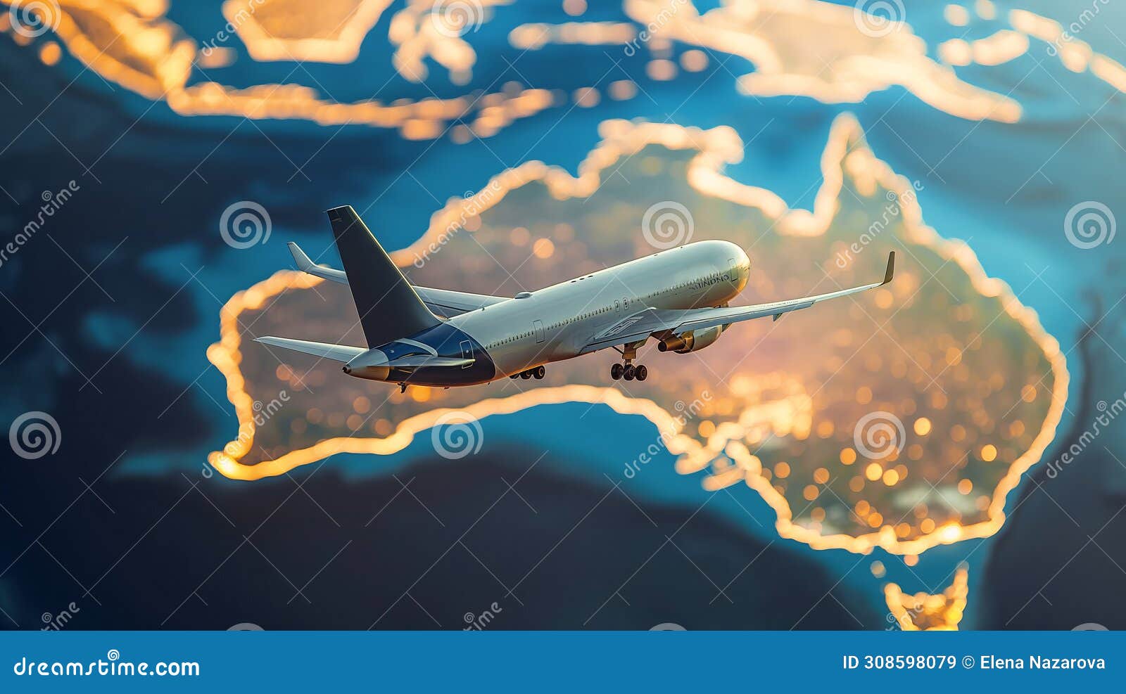 Commercial Airplane Flies Over an Illuminated Global Map at Night Stock ...