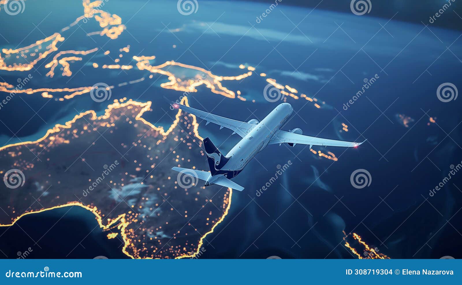 Commercial Airplane Flies Over an Illuminated Global Map at Night Stock ...