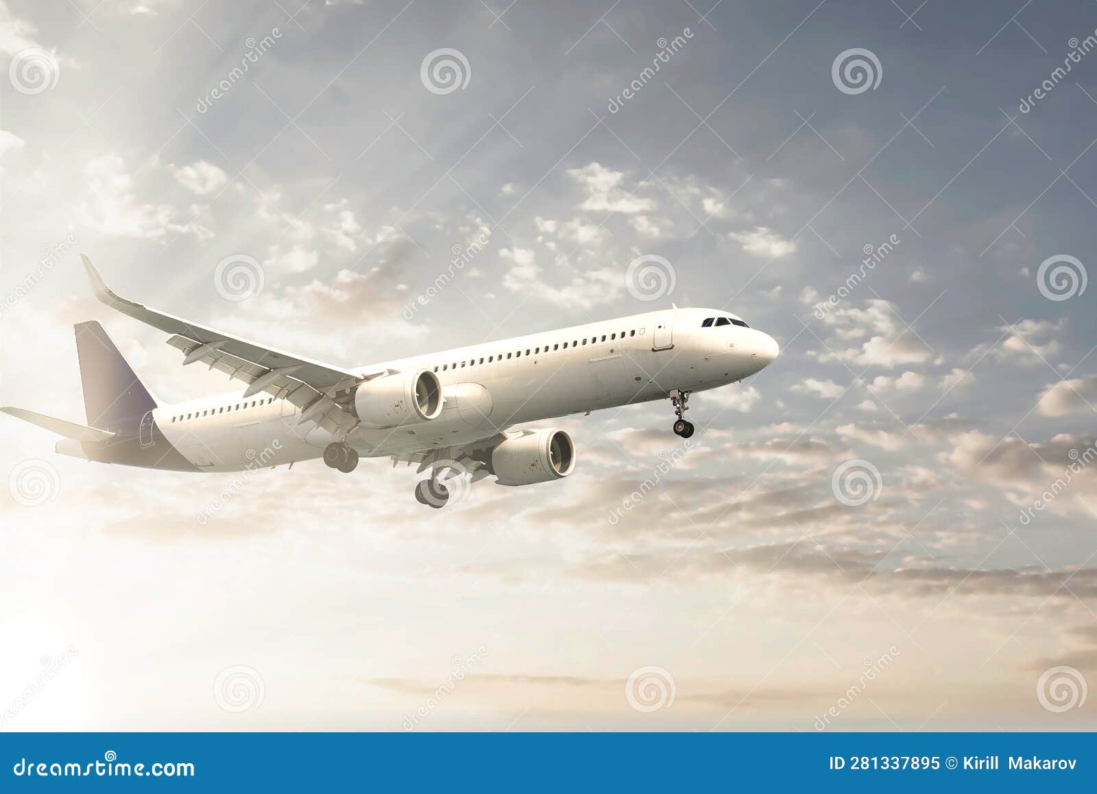 Commercial Airplane Flying Above Dramatic Clouds in Beautiful Sunset ...