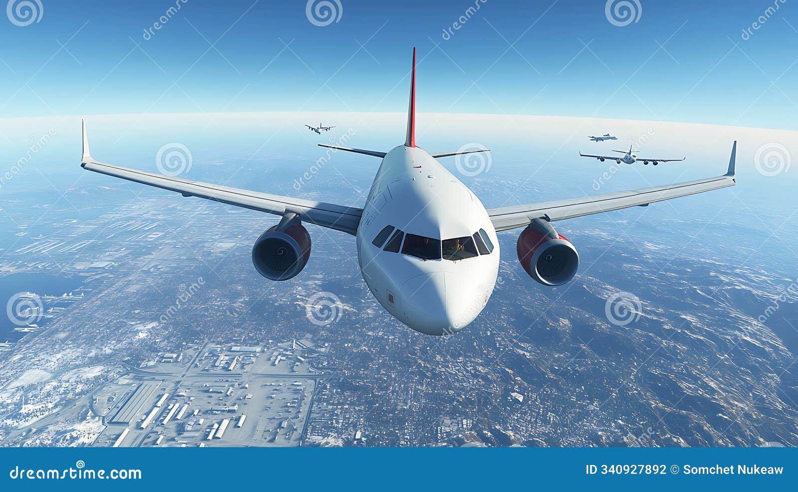 Commercial Airplane Flying High in the Blue Sky Stock Illustration ...