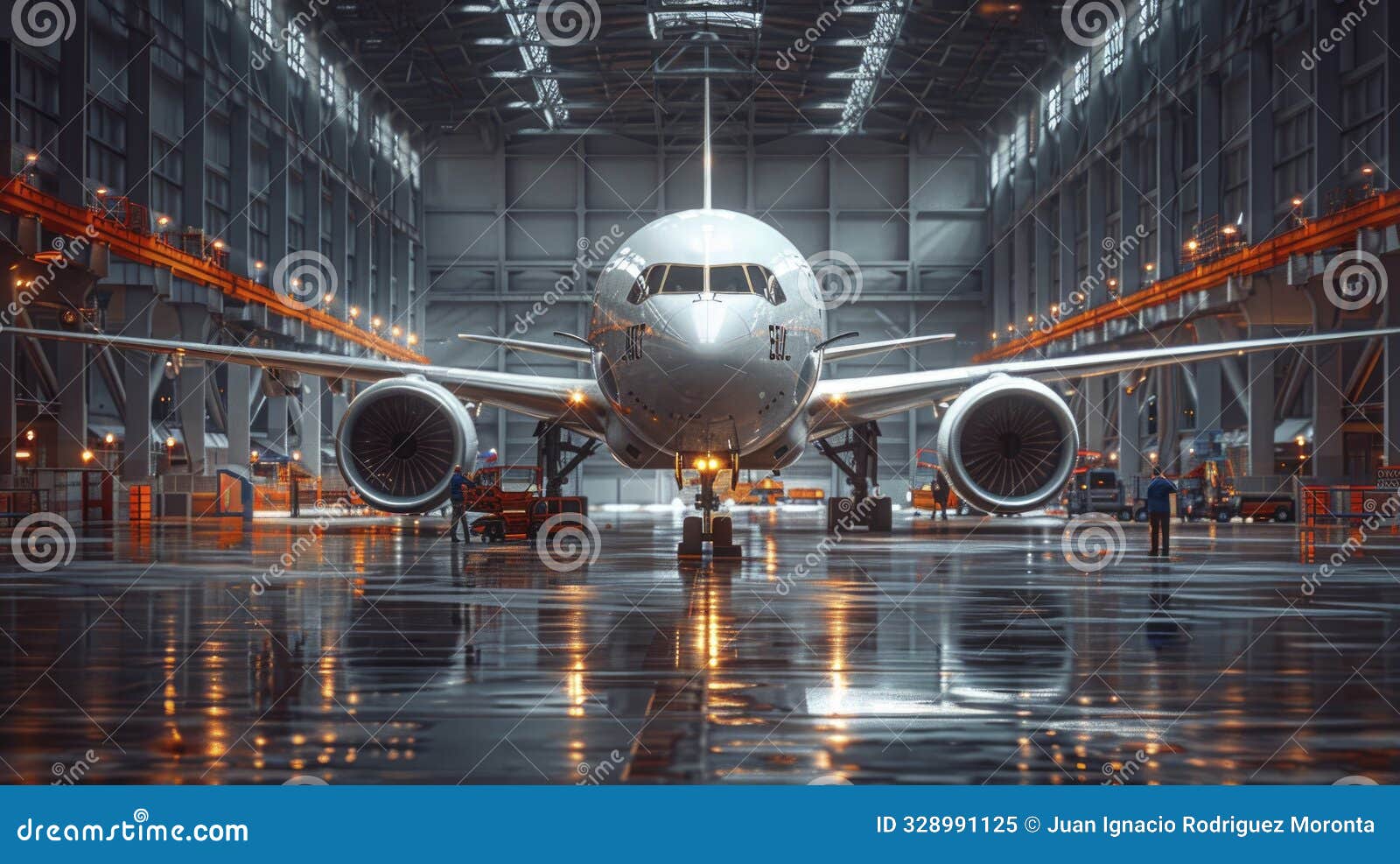 Commercial Airplane Front View Inside a Large Hangar Stock Illustration ...