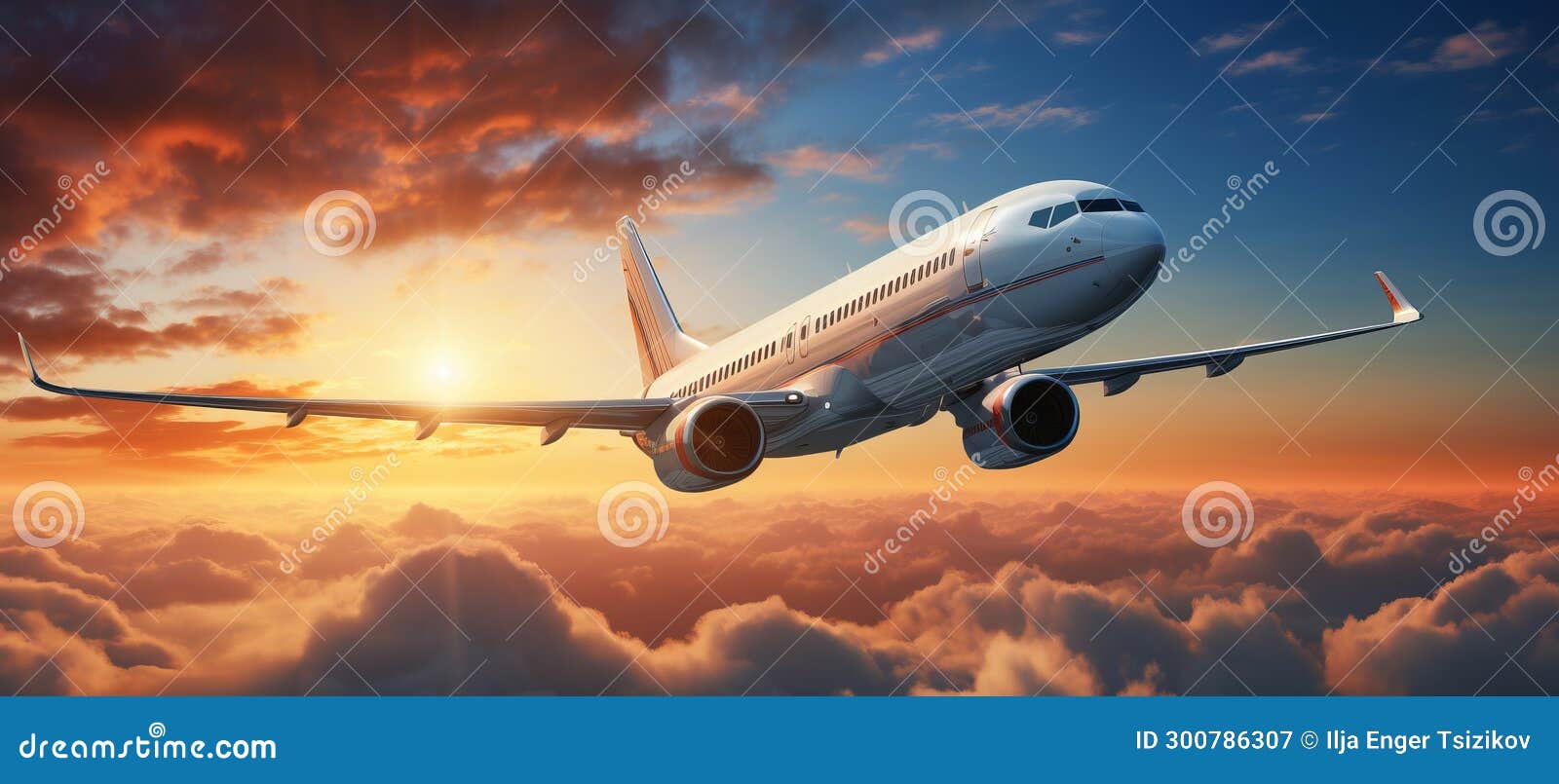 Commercial Airplane Jetliner Soaring Through Dramatic Sunset Clouds In