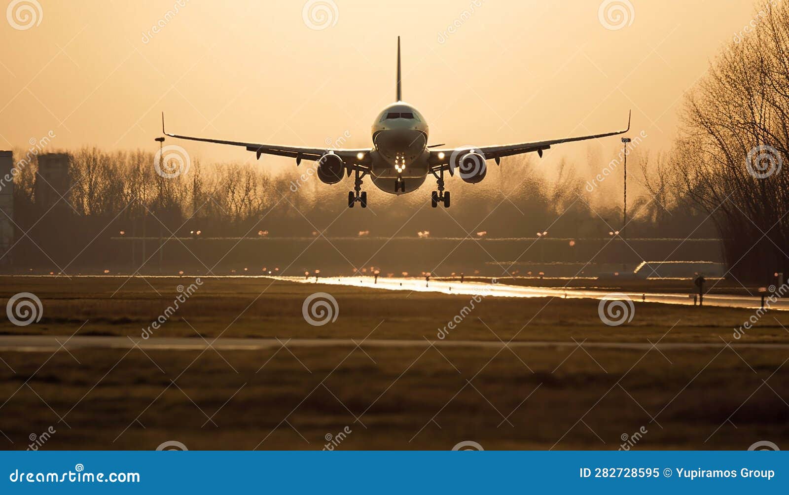 Commercial Airplane Taking Off at Dusk, Propeller in Motion, Front View ...