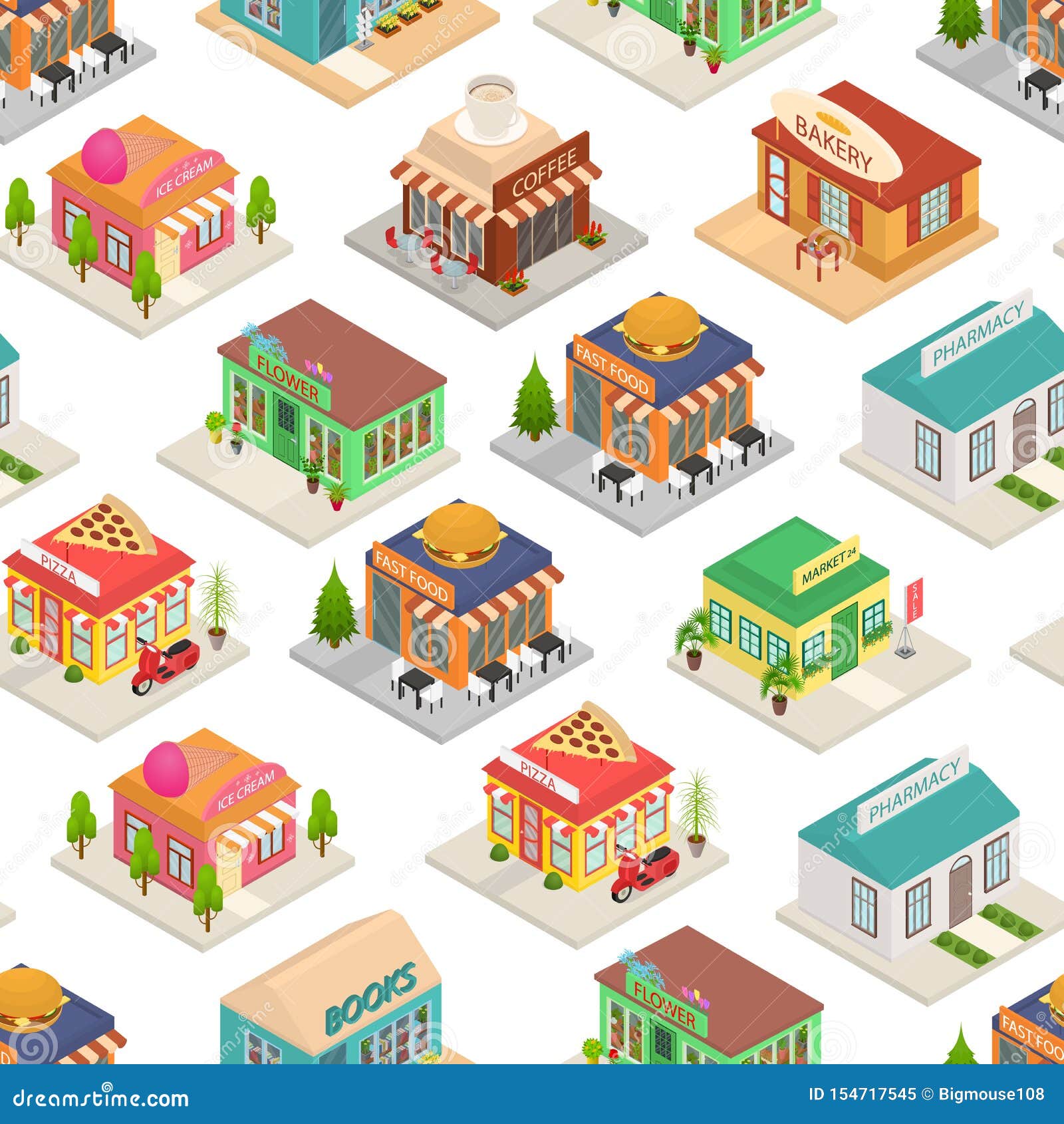 Commercial City Shops Signs 3d Seamless Pattern Background Isometric ...