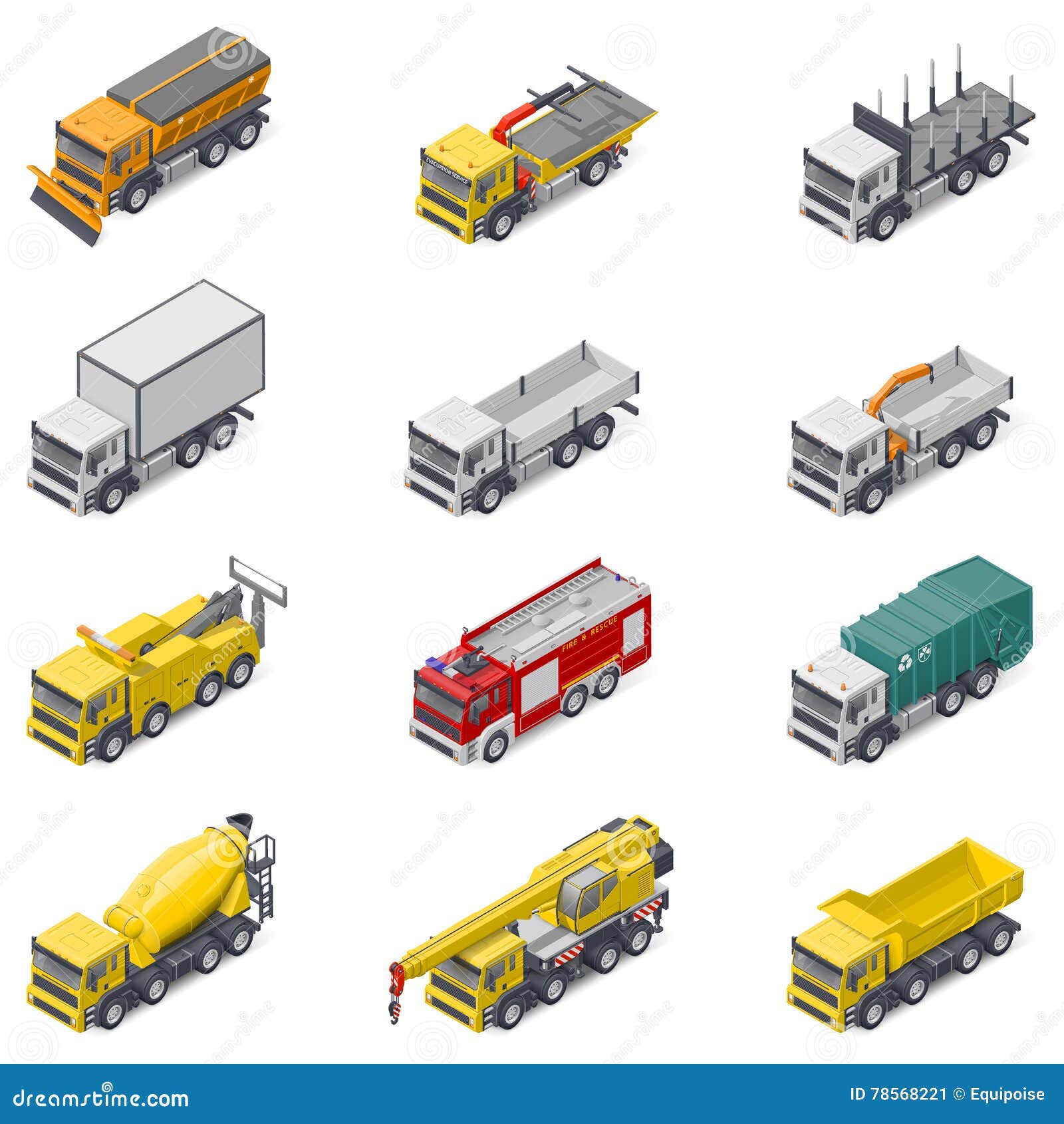 Commercial, Construction, and Service Trucks Isometric Icon Set Stock ...