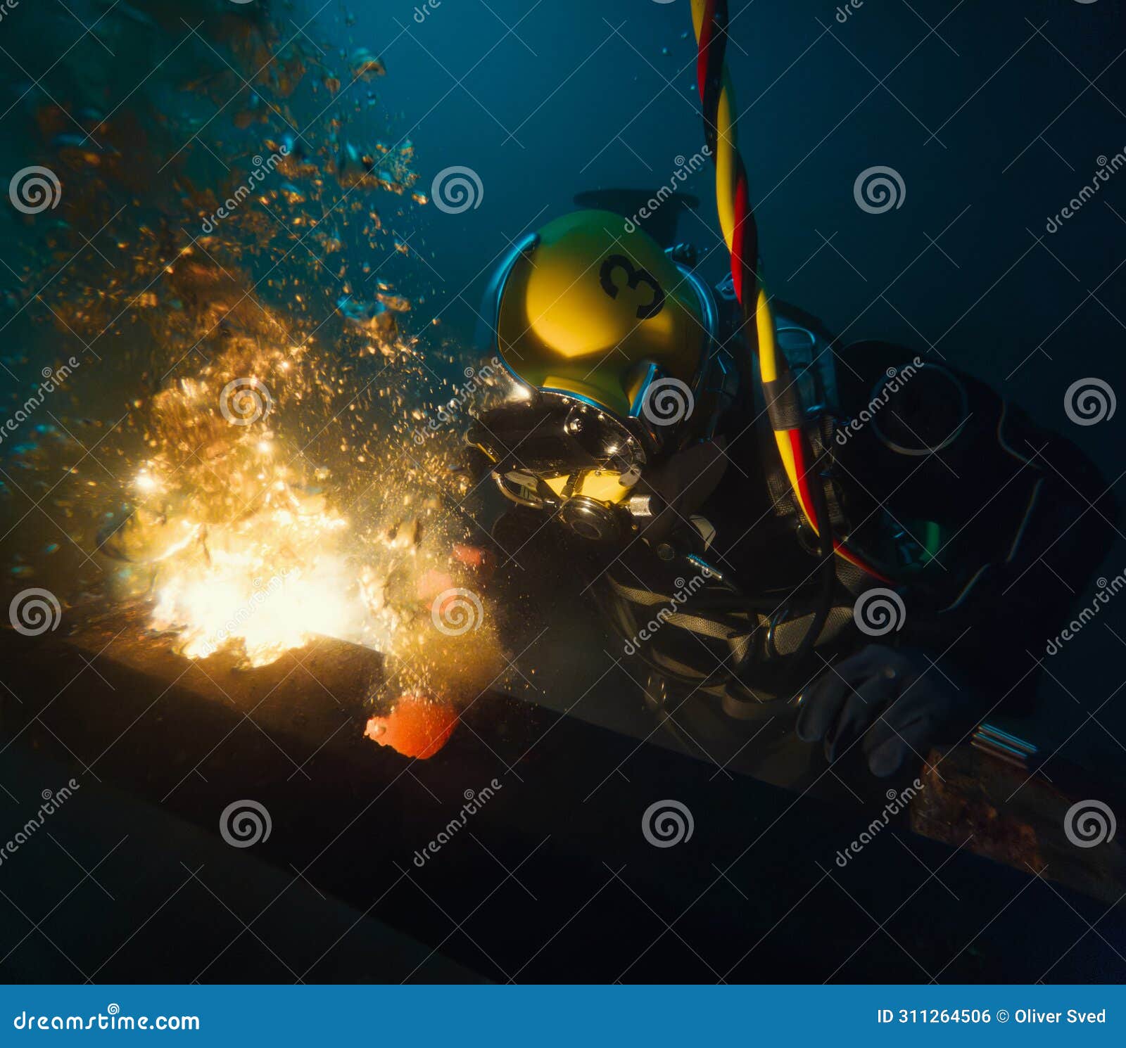 Commercial Diver Welding Underwater at Construction Site Stock Photo ...