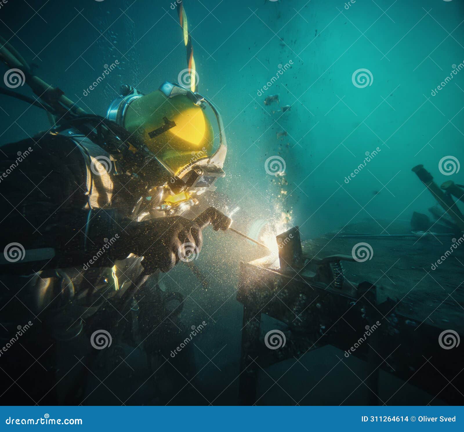 Commercial Diver Welding Underwater at Construction Site Stock Photo ...