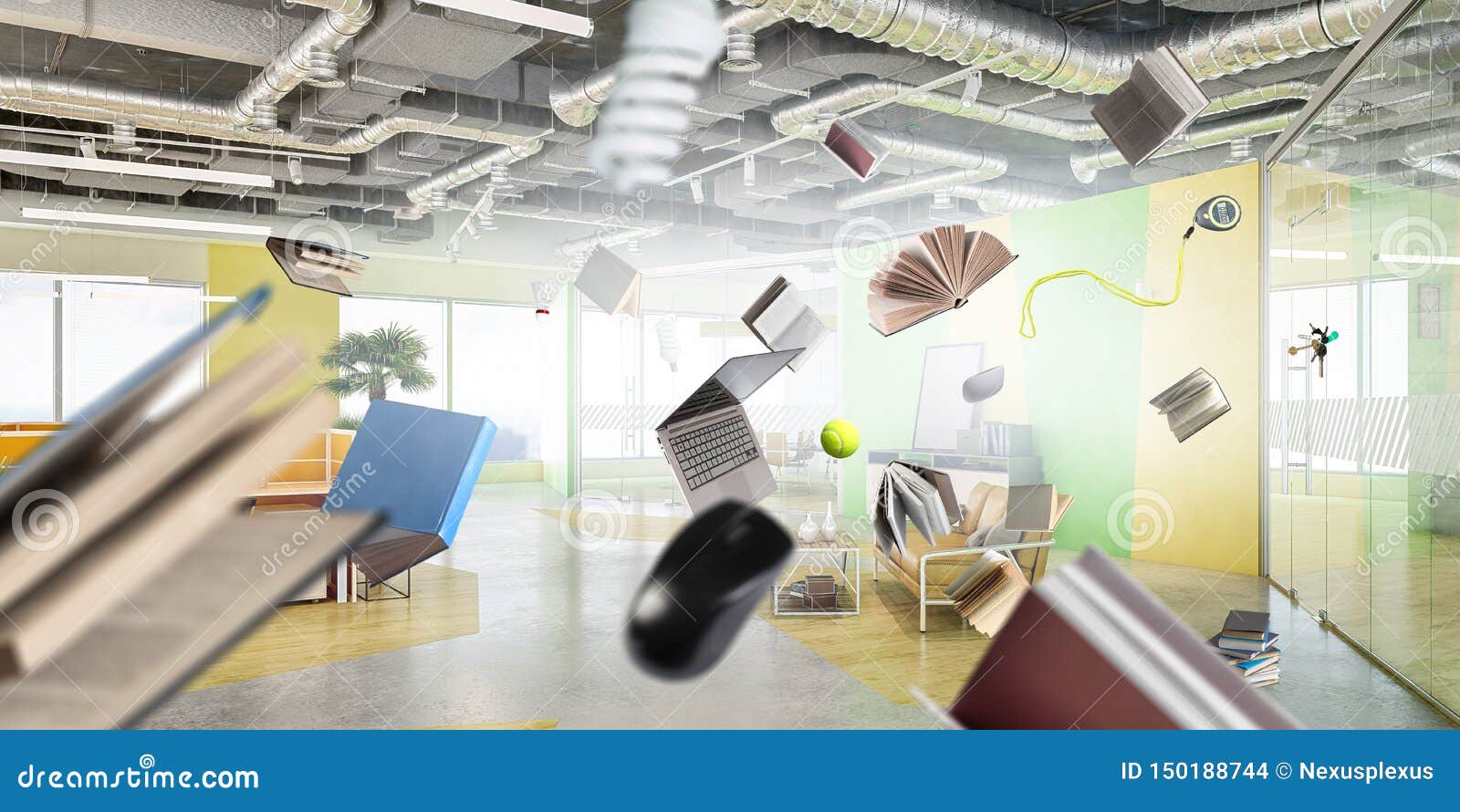 Commercial Ffice Workplace with Flying Objects Stock Photo - Image of ...