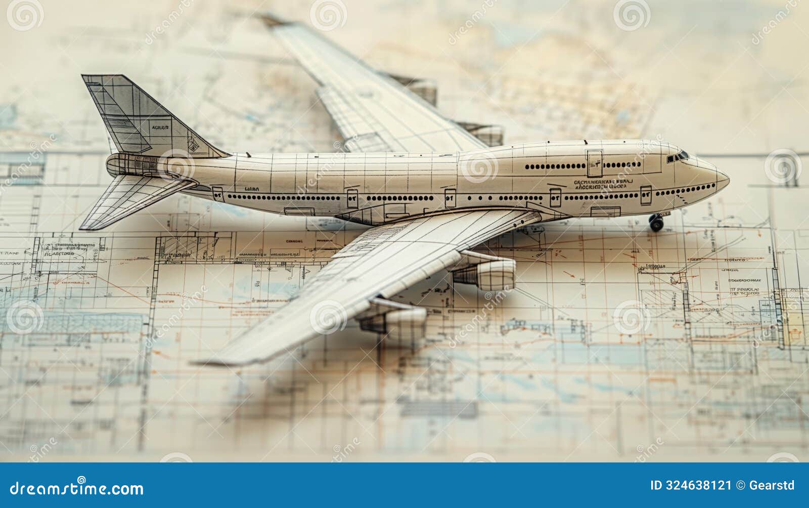 Commercial Jet Over Blueprints and Maps Stock Image - Image of ...