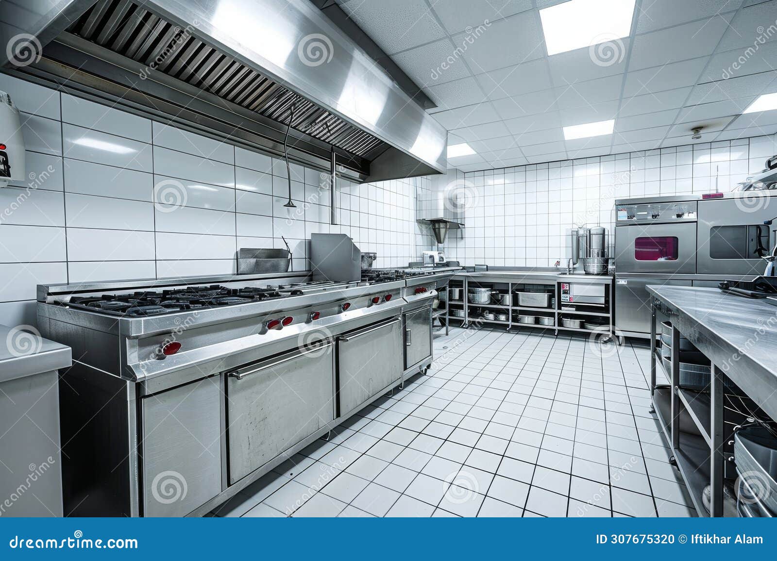 A Commercial Kitchen with Stainless Steel Appliances and Tile Flooring ...