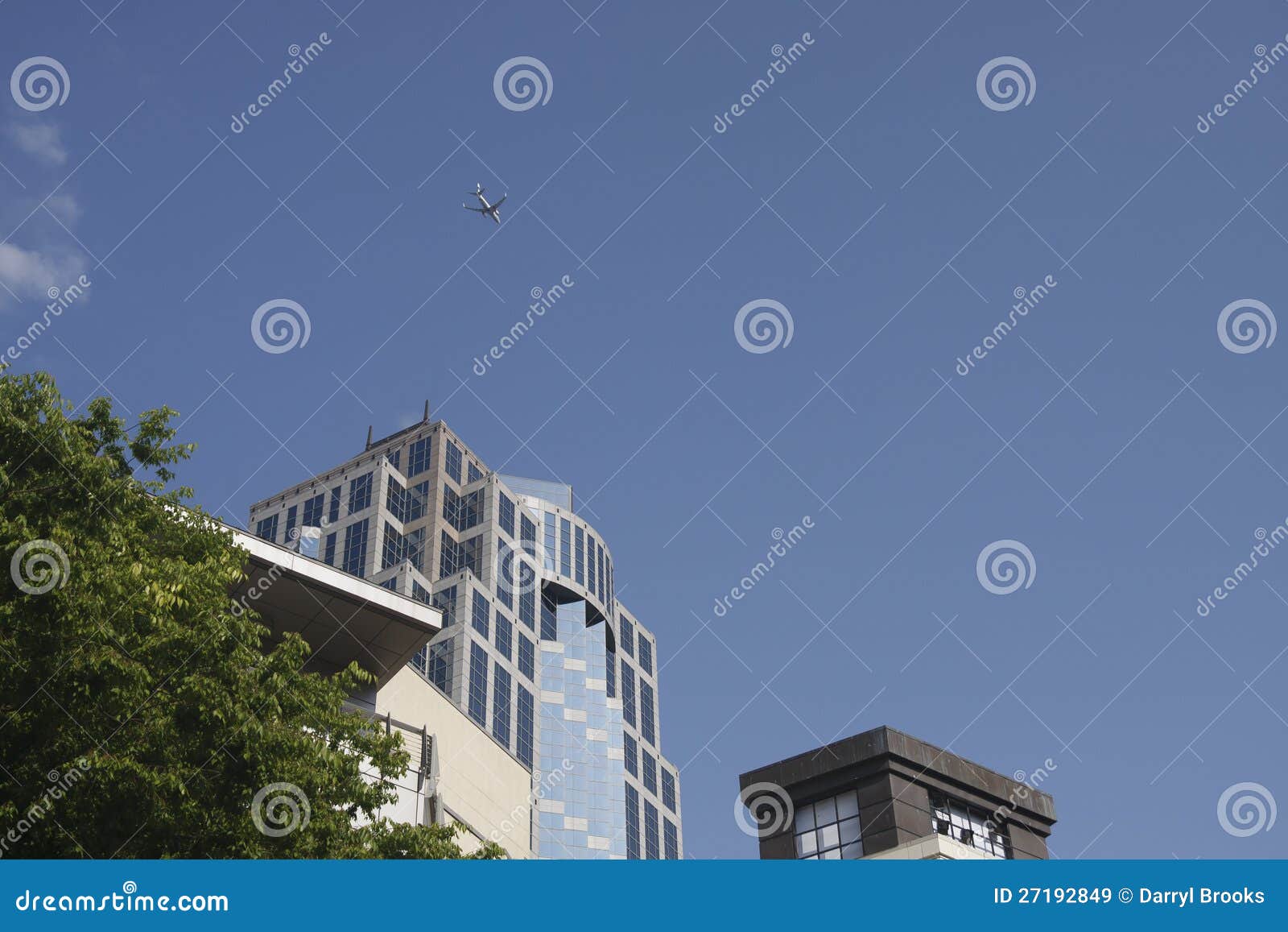 Commercial Plane Over Seattle Skyline Stock Image - Image of modern ...