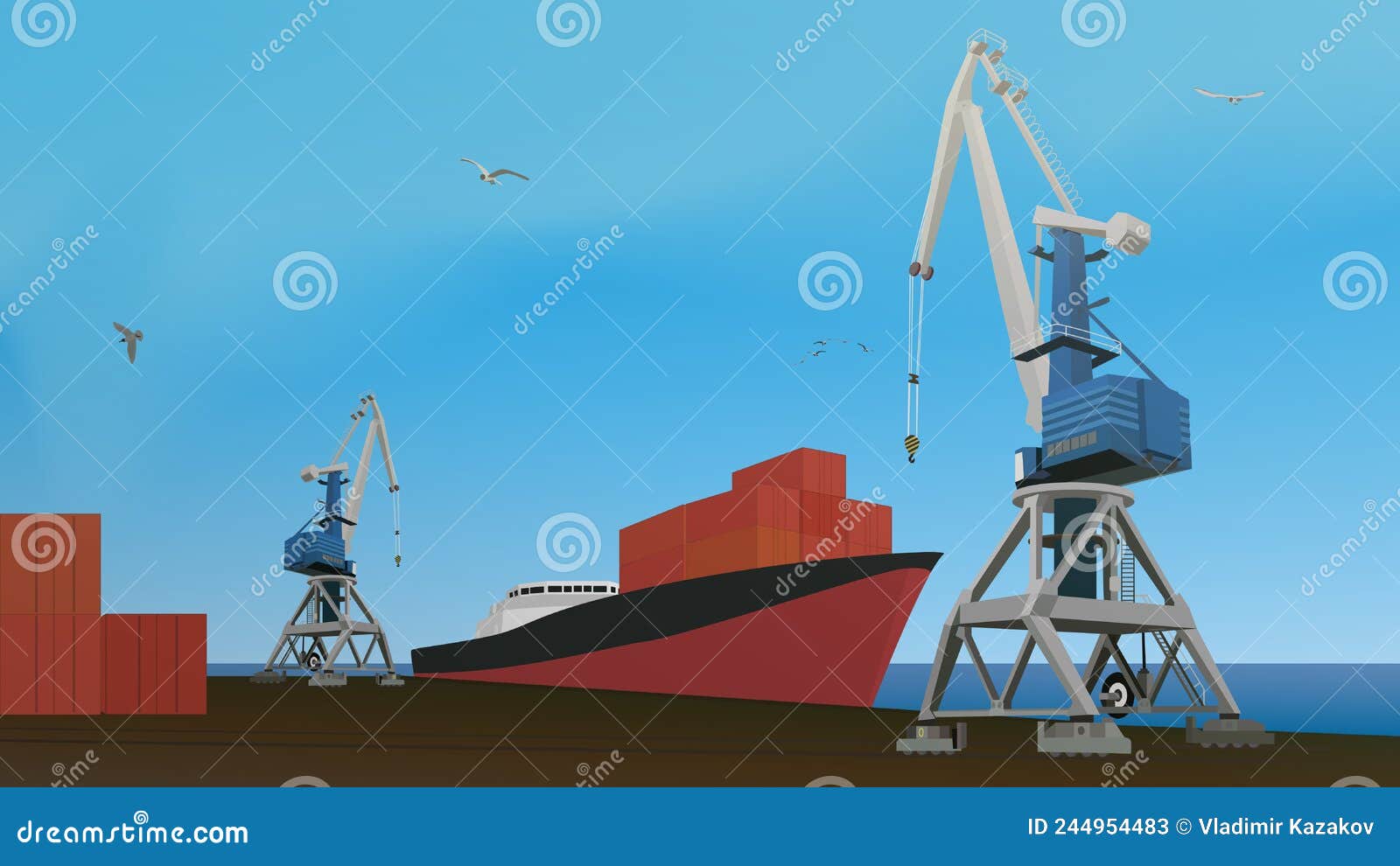 Commercial Port With Container Ship At The Pier And Cargo Cranes, City ...