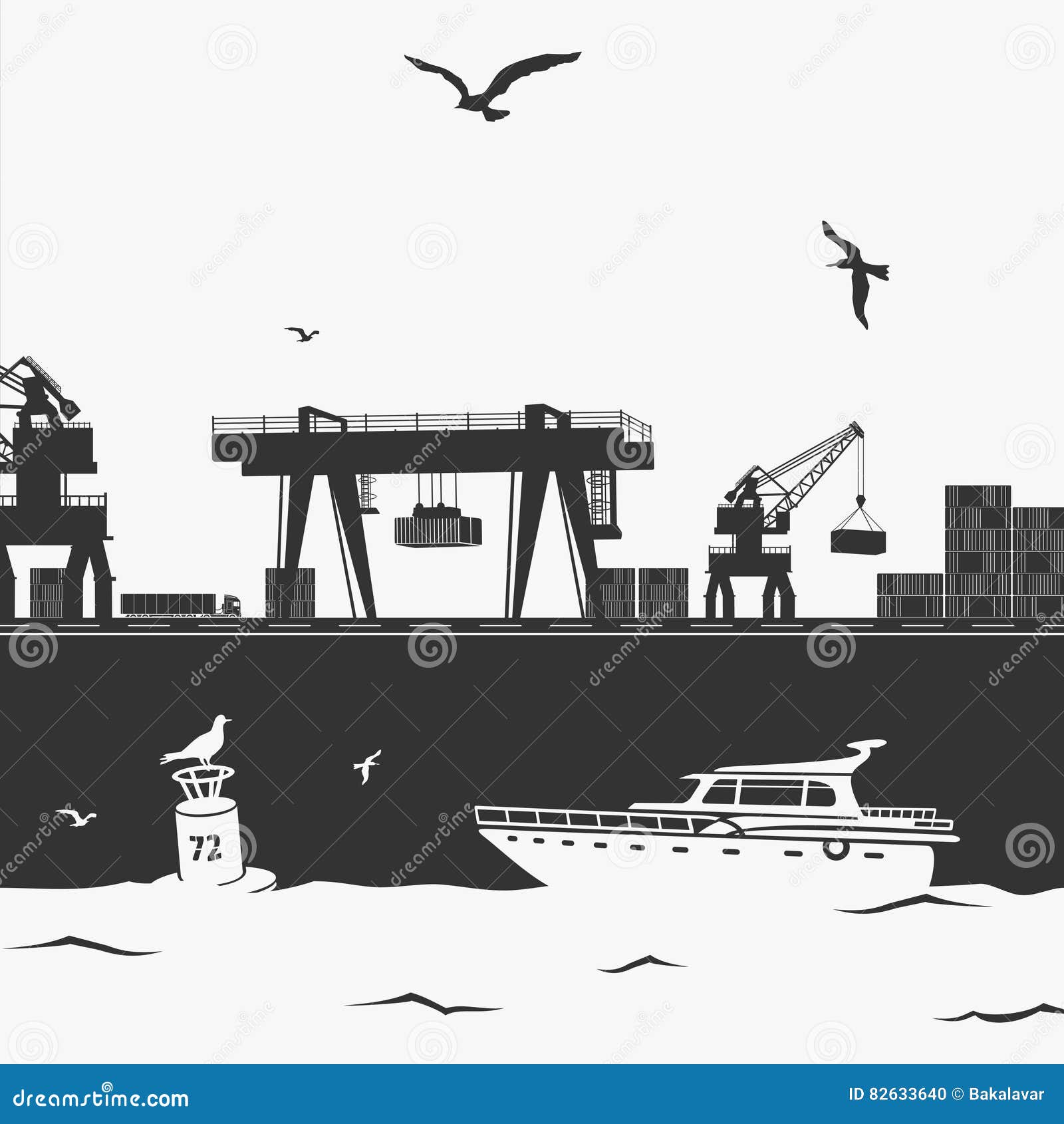 Commercial Port Harbor Dock With Container Ship Unloading Outline ...