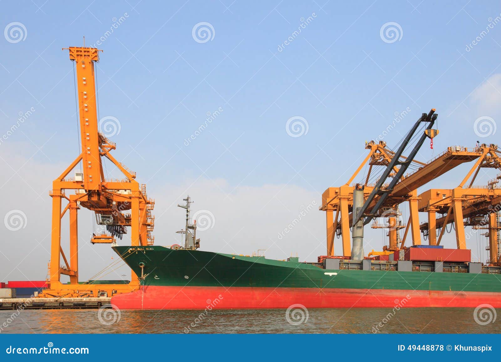 Commercial Ship on Port with Big Loading Crane Stock Photo - Image of ...