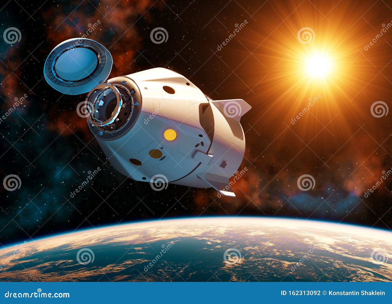 Commercial Spacecraft with Open Docking Hatch in the Rays of Sun Stock ...