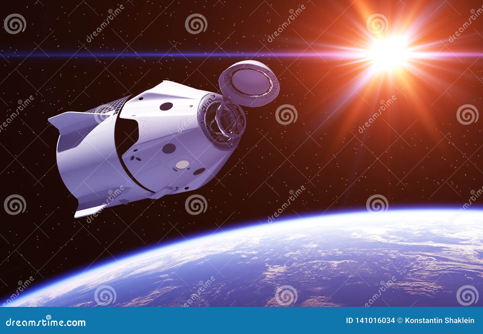 Commercial Spacecraft With Open Docking Hatch Orbiting Earth Royalty ...