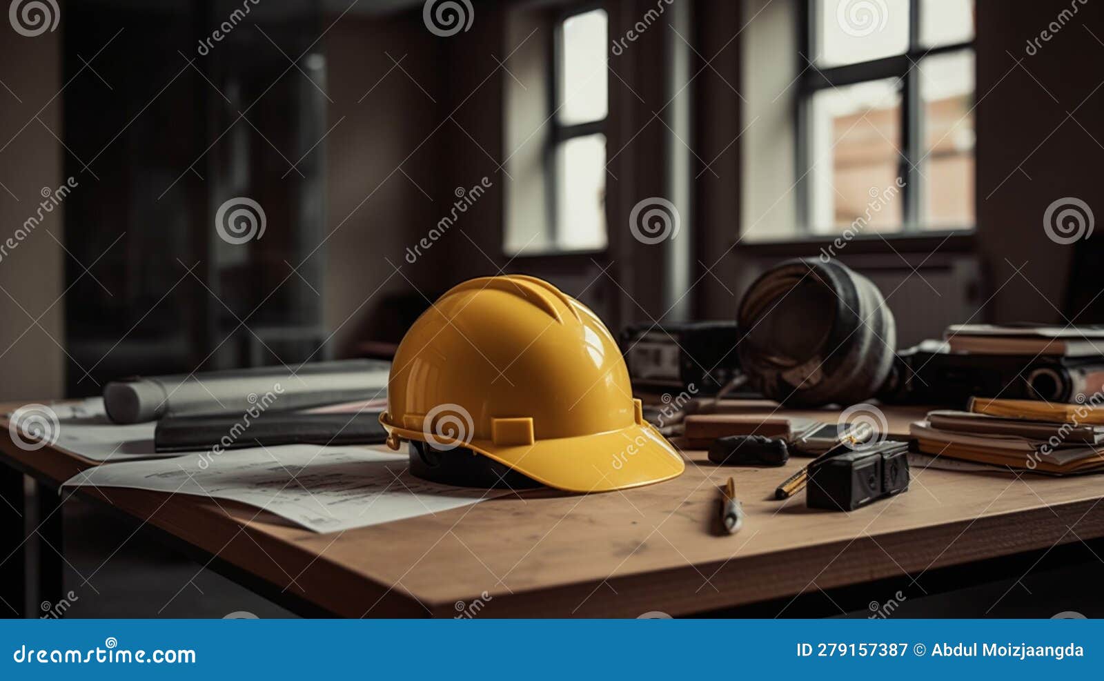 A Commitment To Safety, Yellow Helmet on Construction Project Desk ...