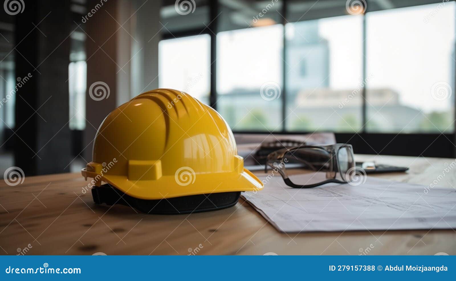 A Commitment To Safety, Yellow Helmet on Construction Project Desk ...