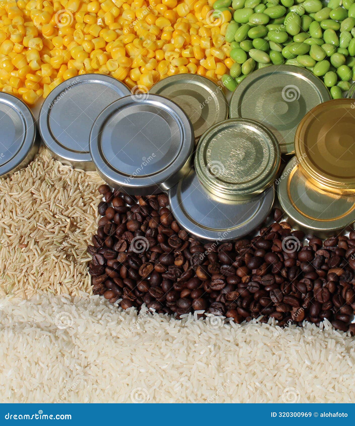 Commodities Close Up with Coffee Bean, Metal Lid, Corn, Rice and ...