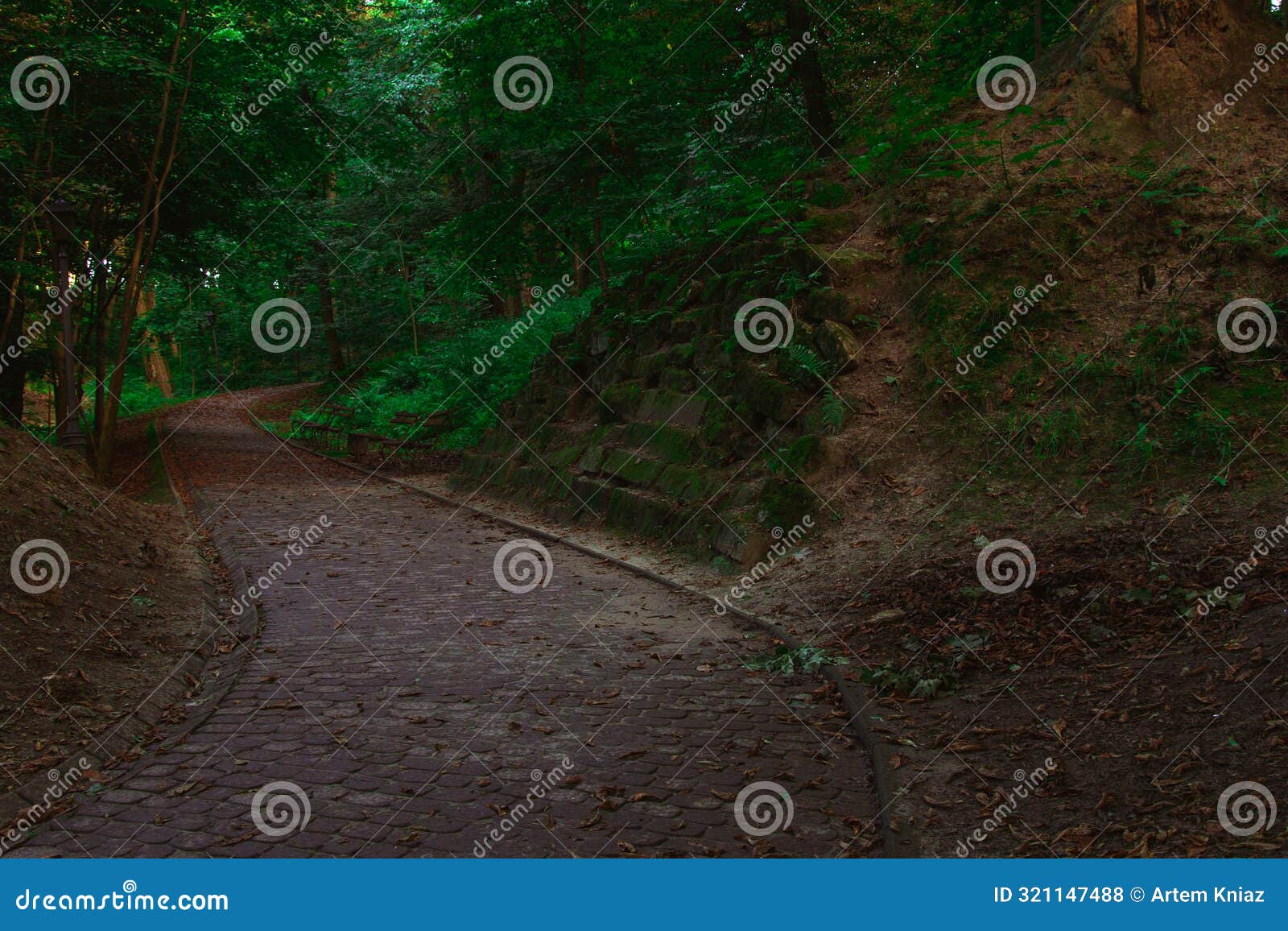 Common Park Trail Walking Space in Morning Dusk Along Old Decayed Stone ...