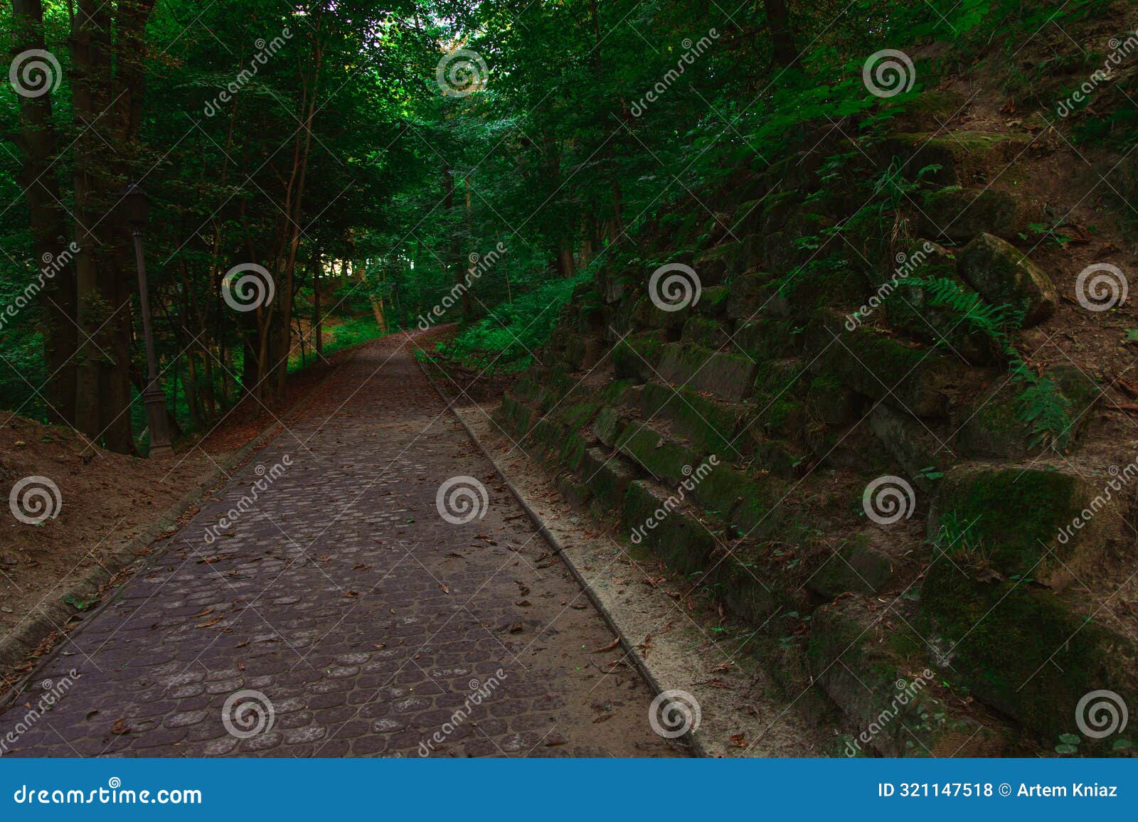Common Park Trail Walking Space in Morning Dusk Along Old Decayed Stone ...