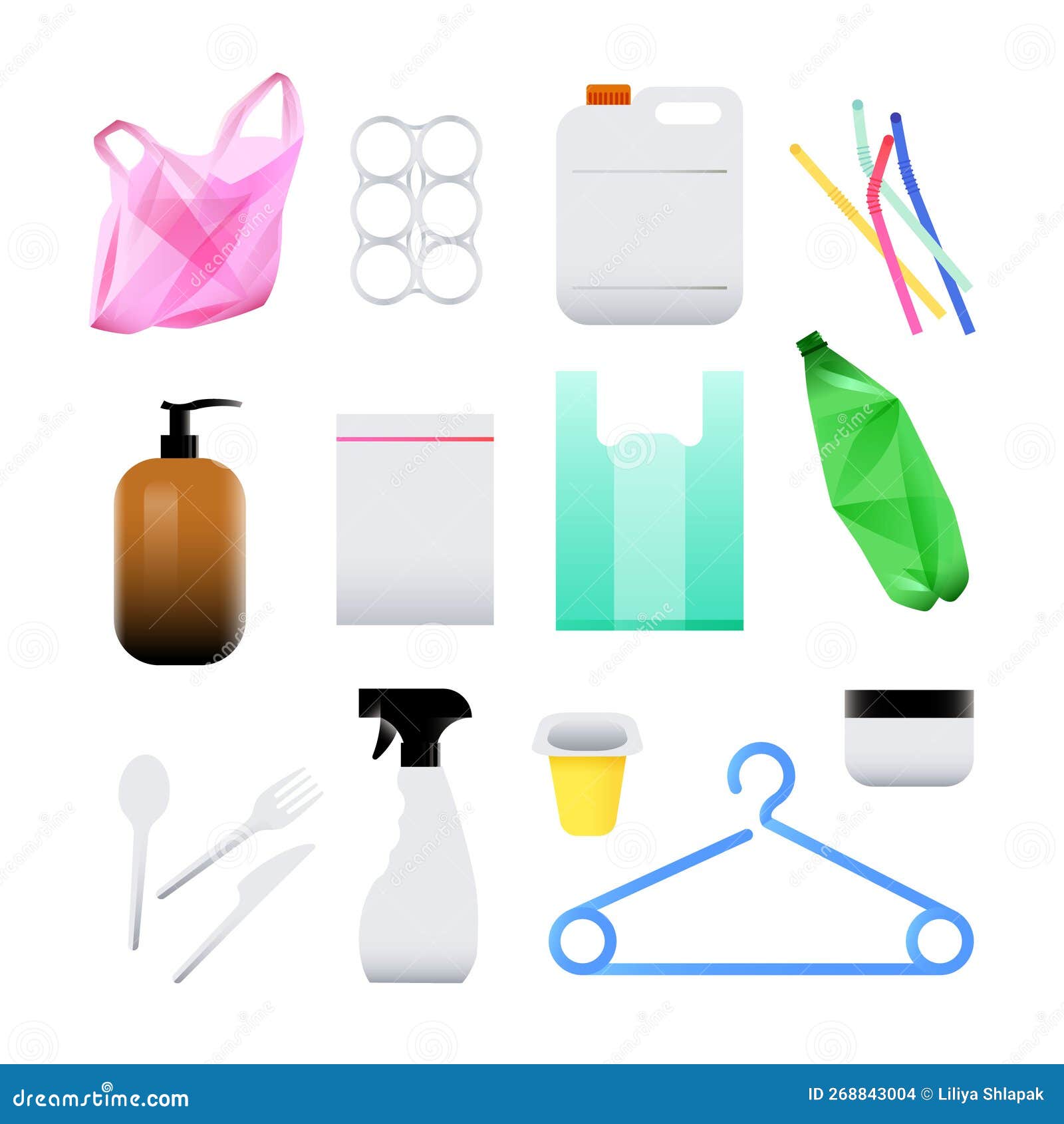 Common Plastic Waste Items. Vector Illustration, Realistic Style Stock ...