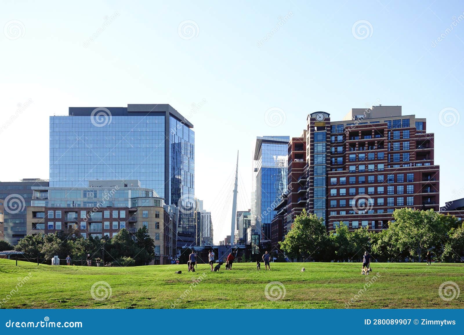 Commons Park in Downtown Denver with the Millennium Bridge in the ...